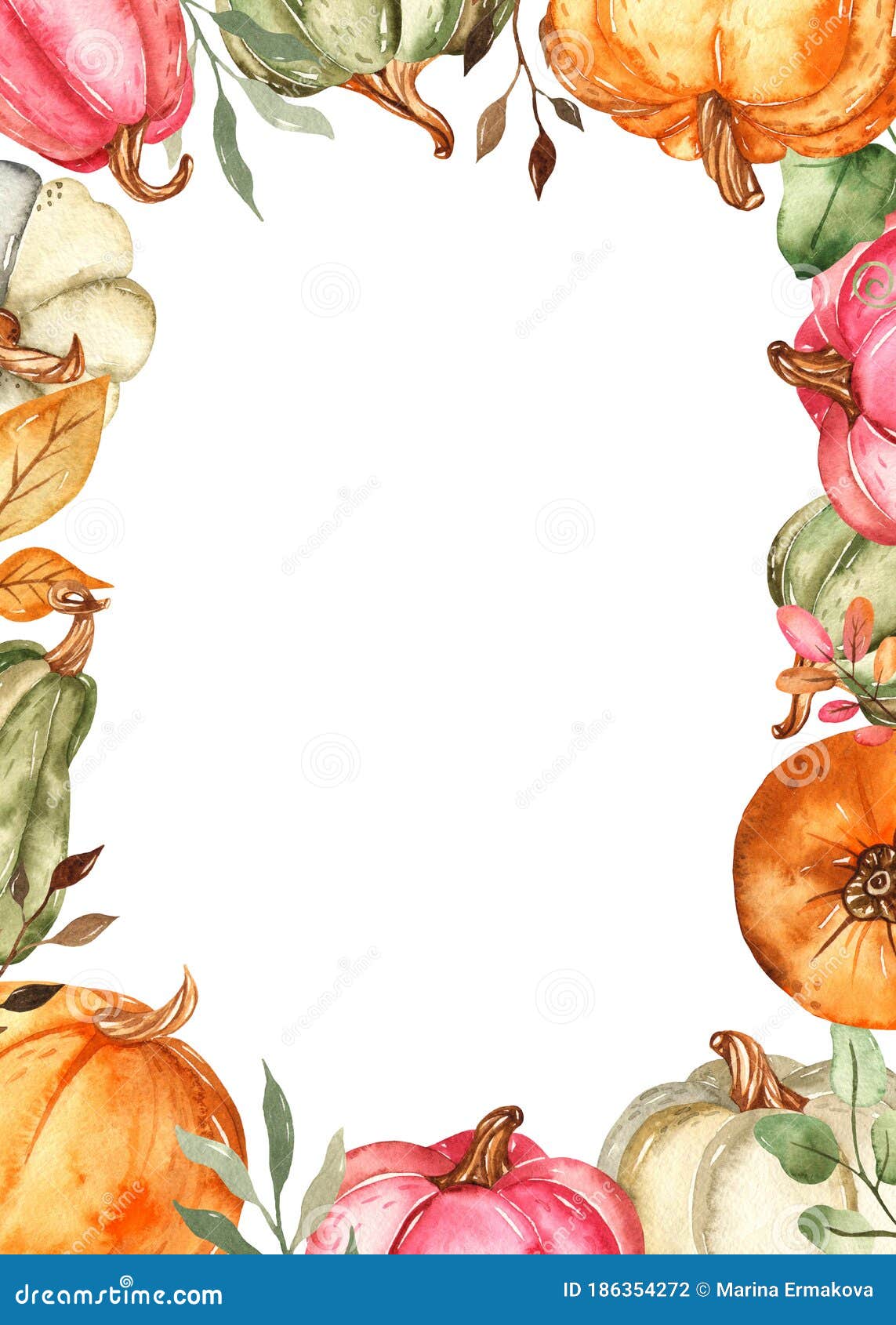 Watercolor Rectangular Frame with Colored Pumpkins, Autumn Leaves Stock ...