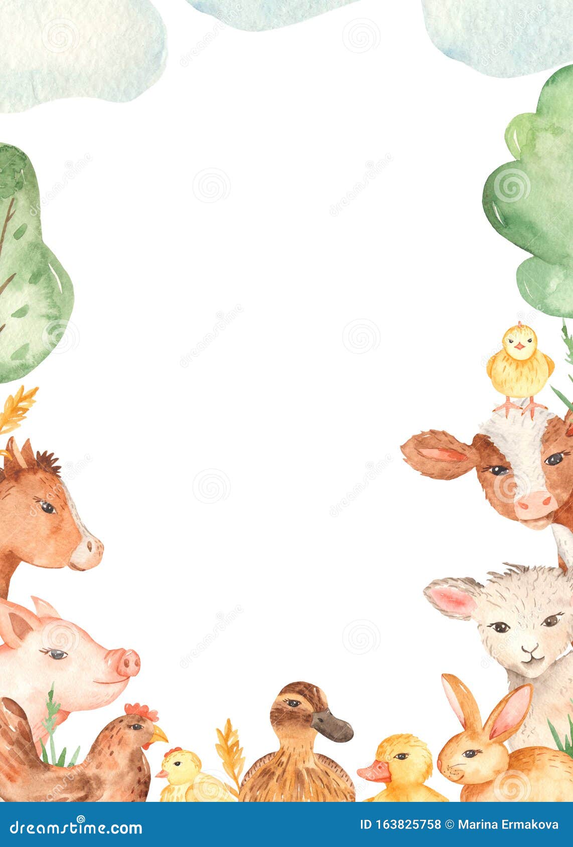 Watercolor Rectangular Frame with Cute Cartoon Farm Animals Stock ...