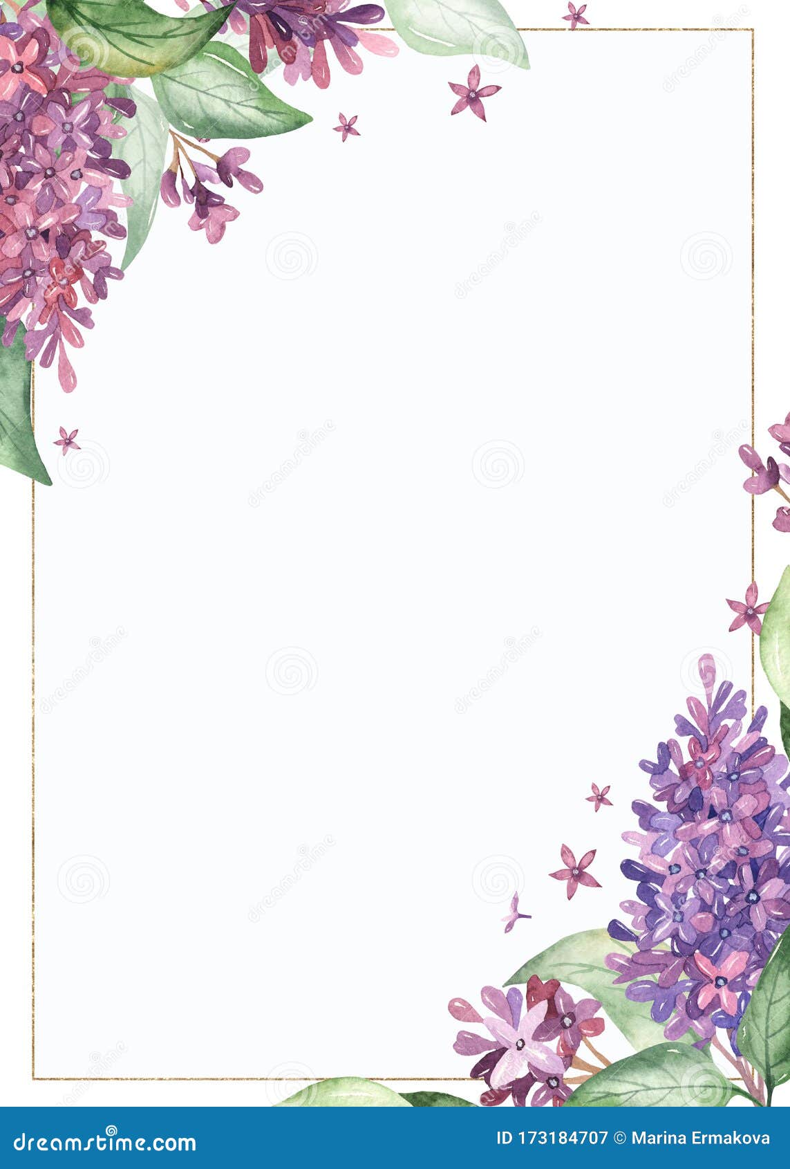 Watercolor Rectangular Frame with Flowers and Leaves of Lilac Stock ...