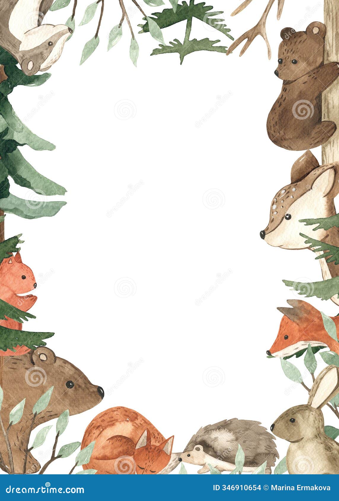 Watercolor Rectangular Frame with Forest Animals, Bear, Deer, Fox for ...