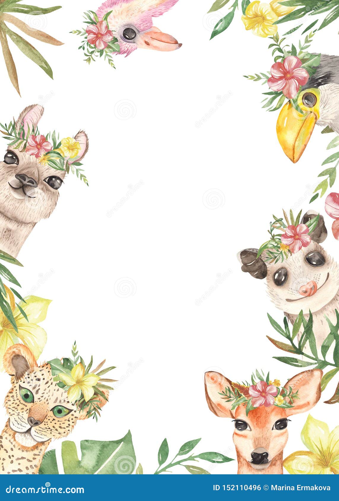 Watercolor Rectangular Frame With Mexican Cute Cartoon Animals, Plants ...