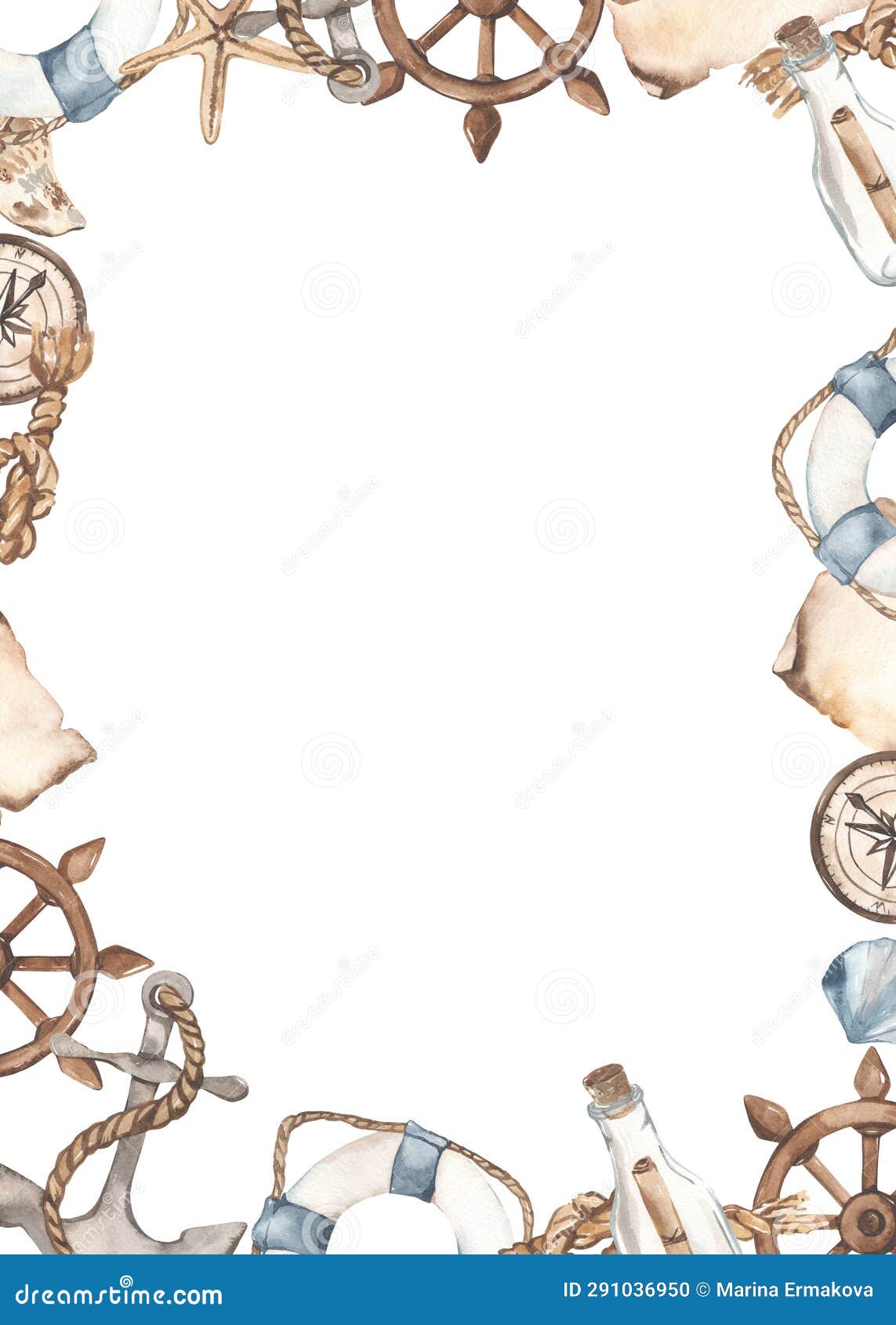 Watercolor Rectangular Frame with Nautical Set, Helm, Anchor, Lifebuoy ...