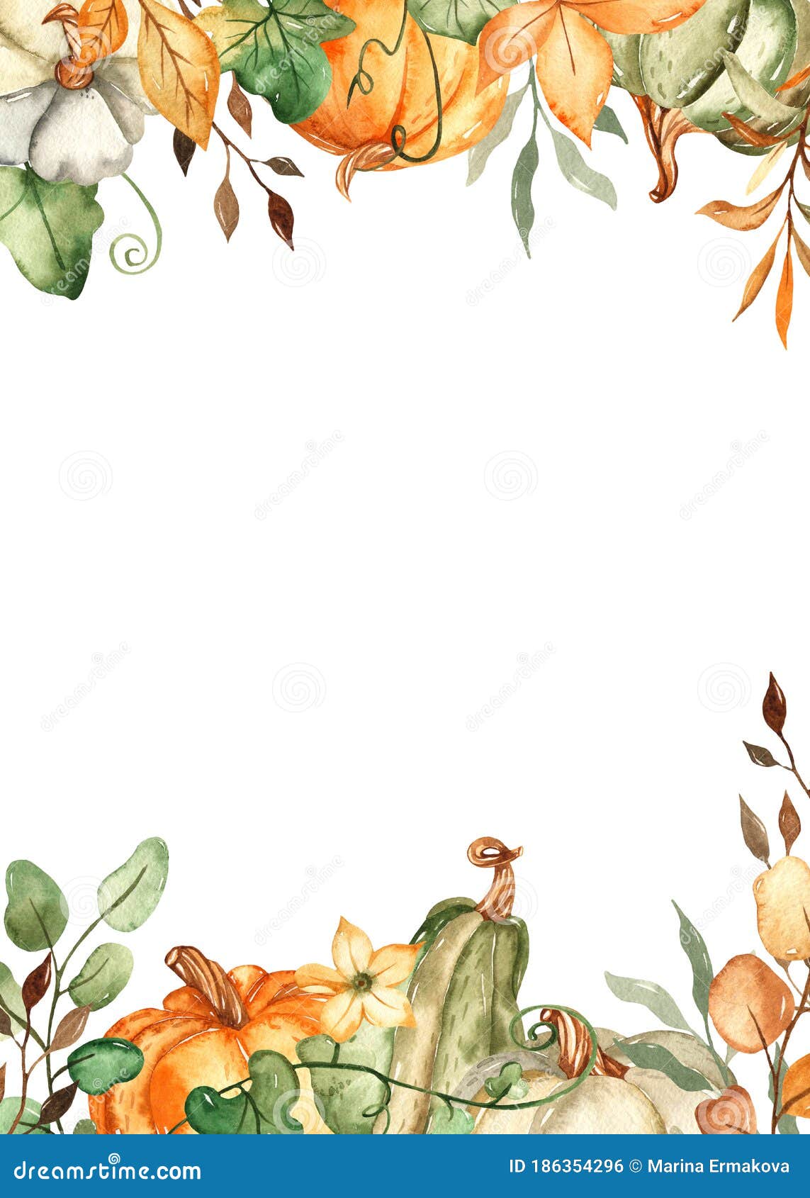 Watercolor Rectangular Frame with Pumpkins, Autumn Leaves, Flowers ...