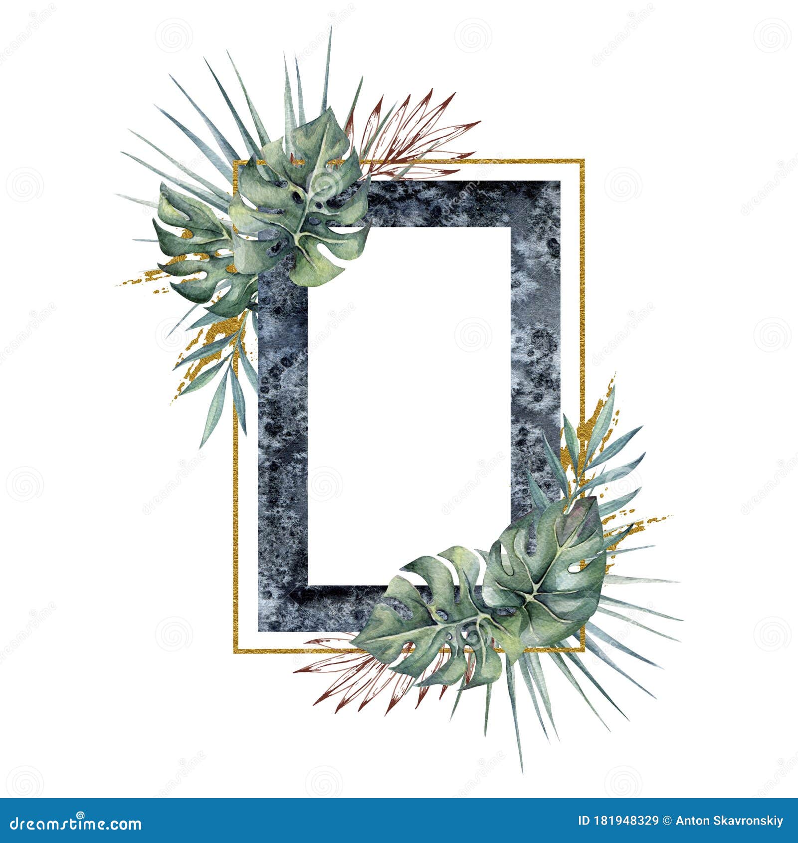 Watercolor Rectangular Frame with Tropical Leaves Stock Illustration ...