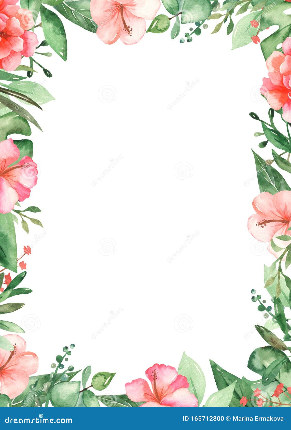 Watercolor Rectangular Frame with Tropical Leaves and Flowers Stock ...