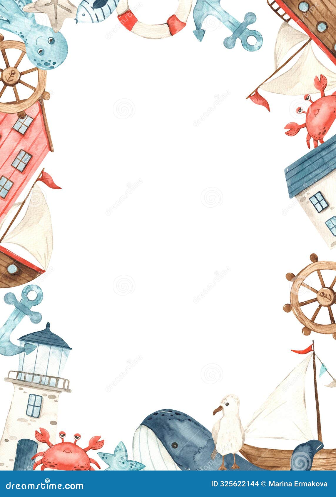 Watercolor Rectangular Nautical Frame with Ship, Anchor for Children ...