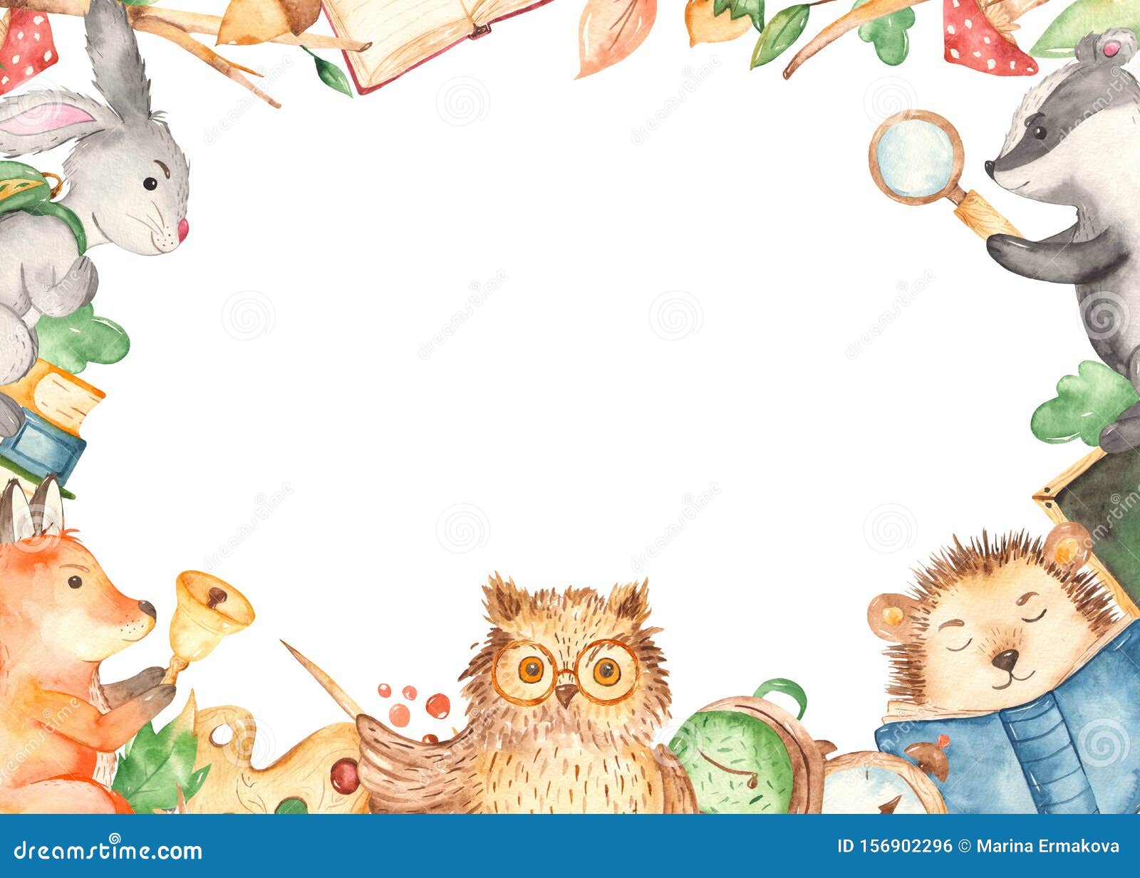 Watercolor Rectangular School Frame with Cute Animals Stock ...