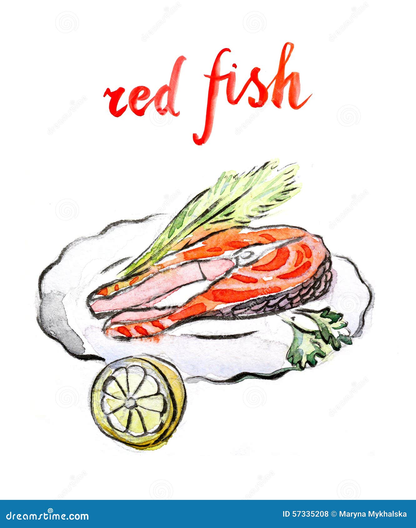 Watercolor red fish stock vector. Illustration of food - 57335208