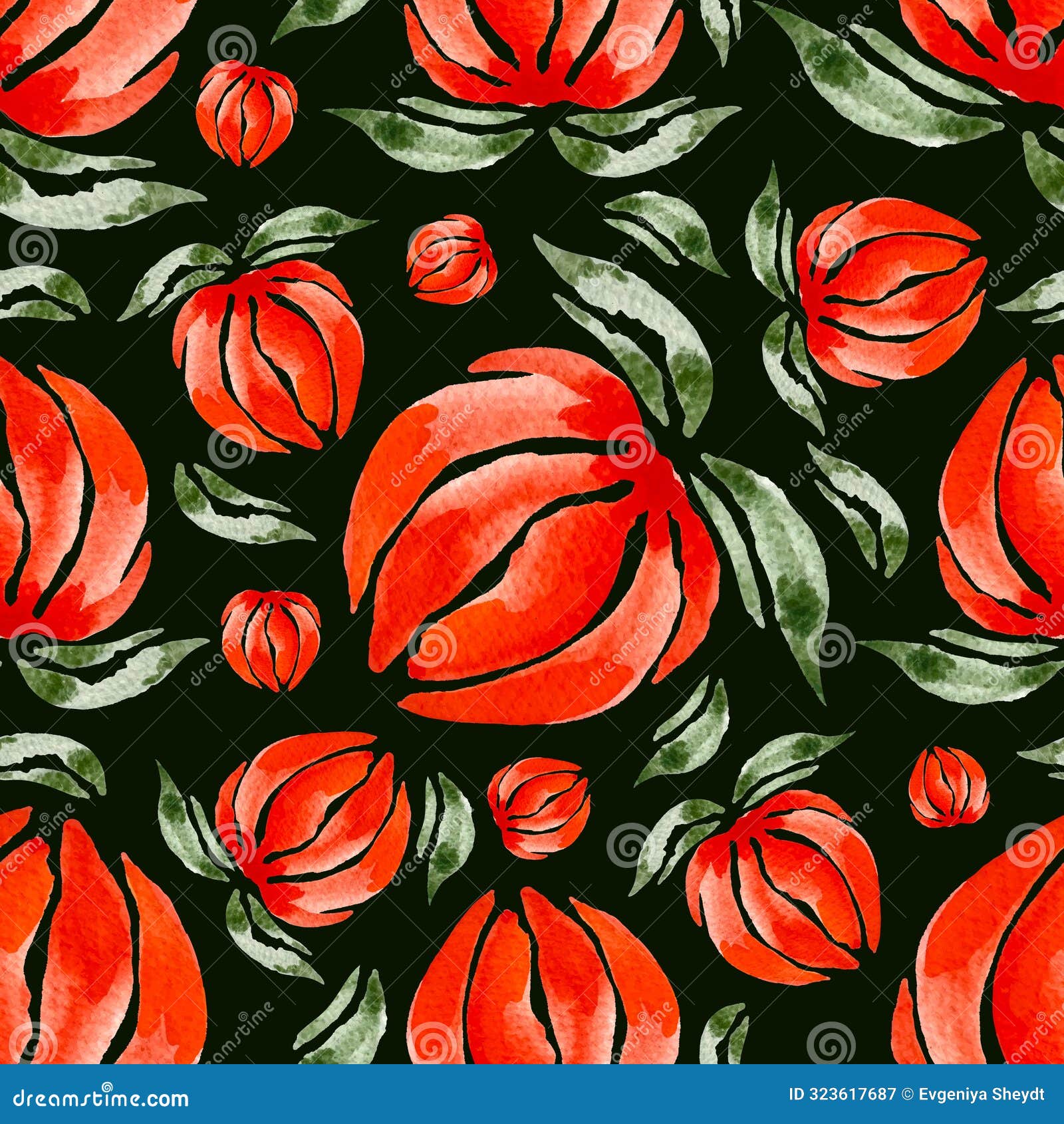 Watercolor Red Floral Seamless Pattern, Textile Fabric Flower Design ...