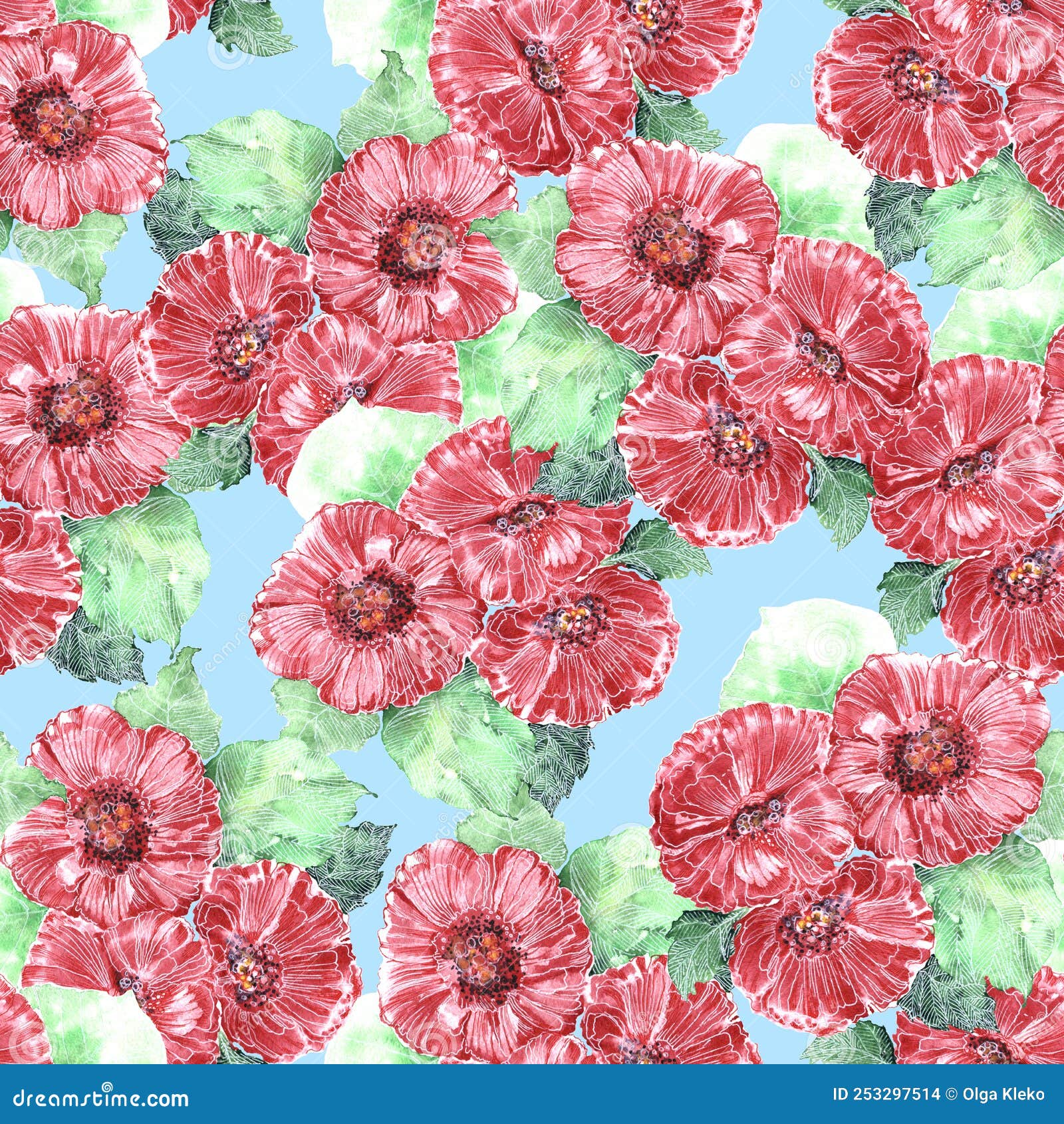 Composition of Watercolor Red Flowers with Leaves. Illustration for ...