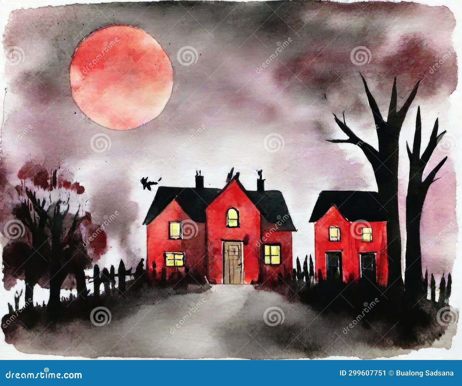 Watercolor of Red Haunted House Stock Illustration - Illustration of ...