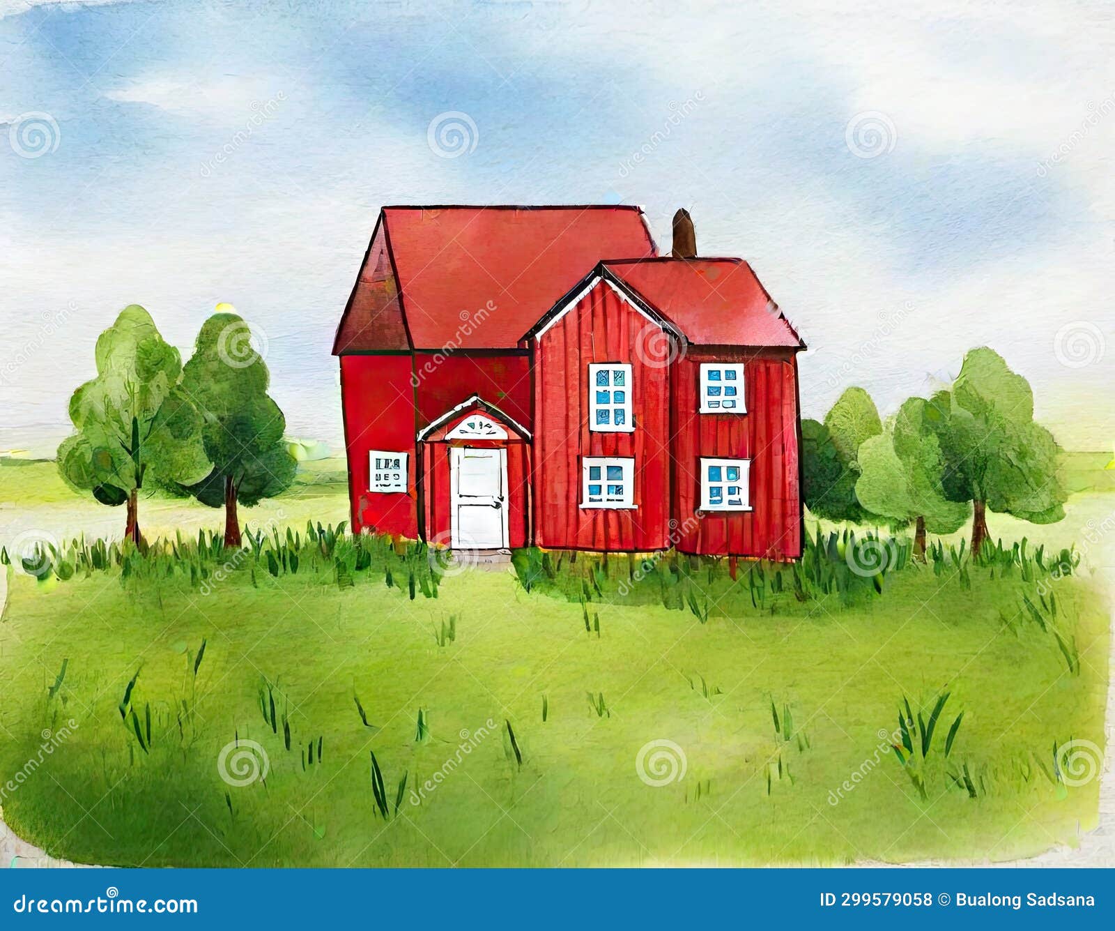 Watercolor of a Red House in the Stock Illustration - Illustration of ...