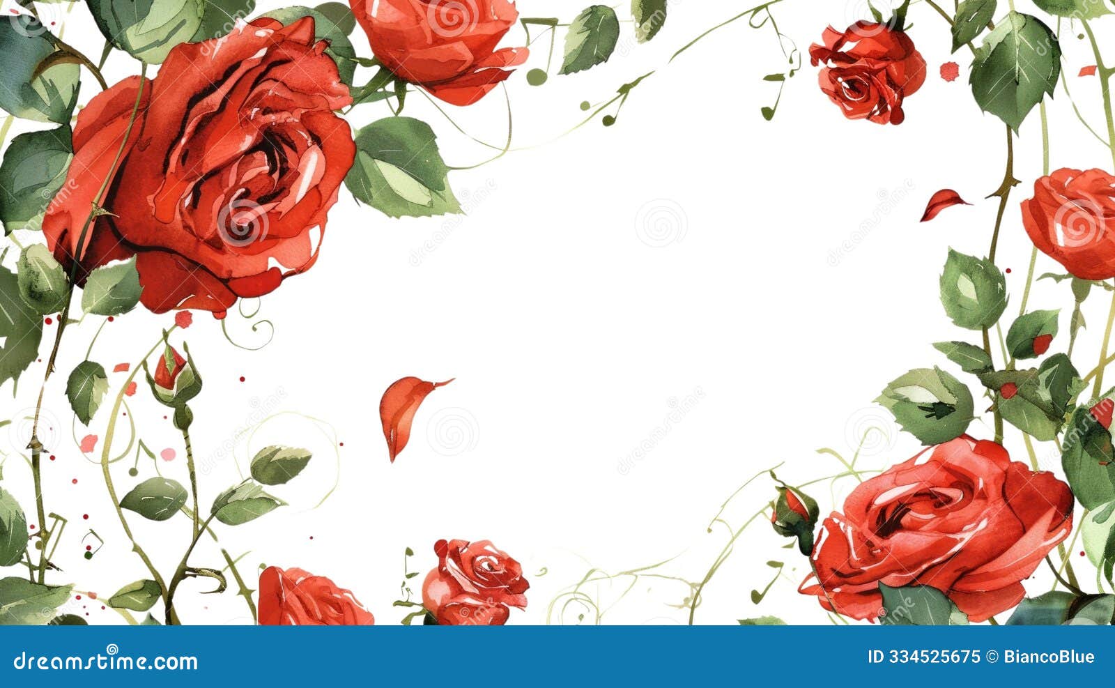 Watercolor Red Roses and Music Notes Isolated with White Background ...