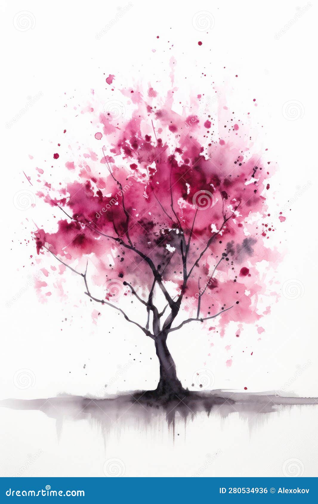Watercolor Redbud Tree Painting with Minimalistic Style. Stock ...