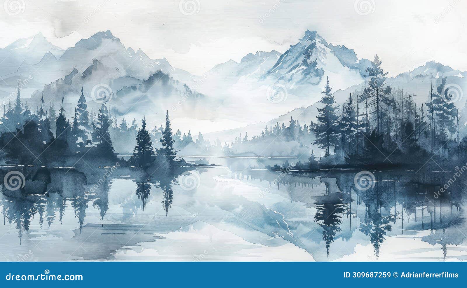 Watercolor Reflection of Mountains and Trees in Cool Tones. Stock Image ...