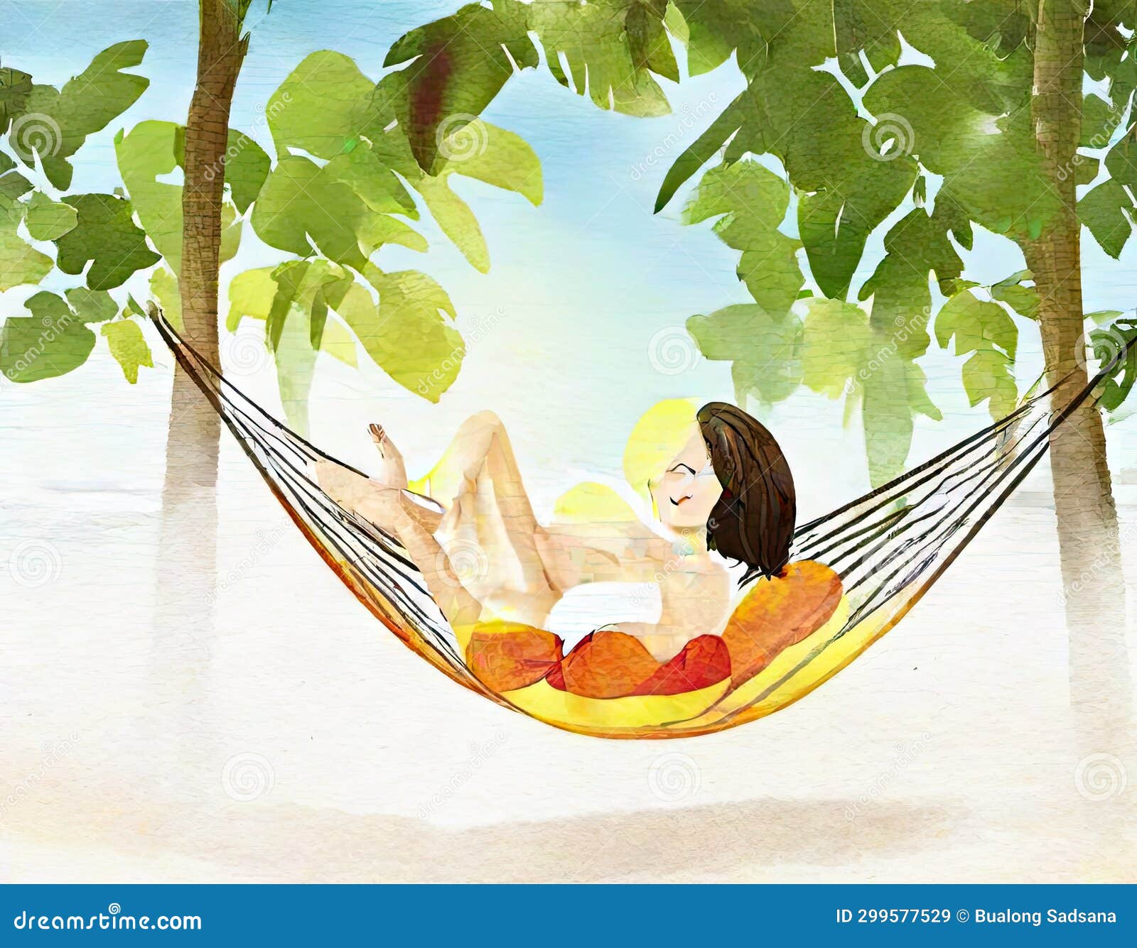 Watercolor of Relaxing on the Bed Stock Illustration - Illustration of ...