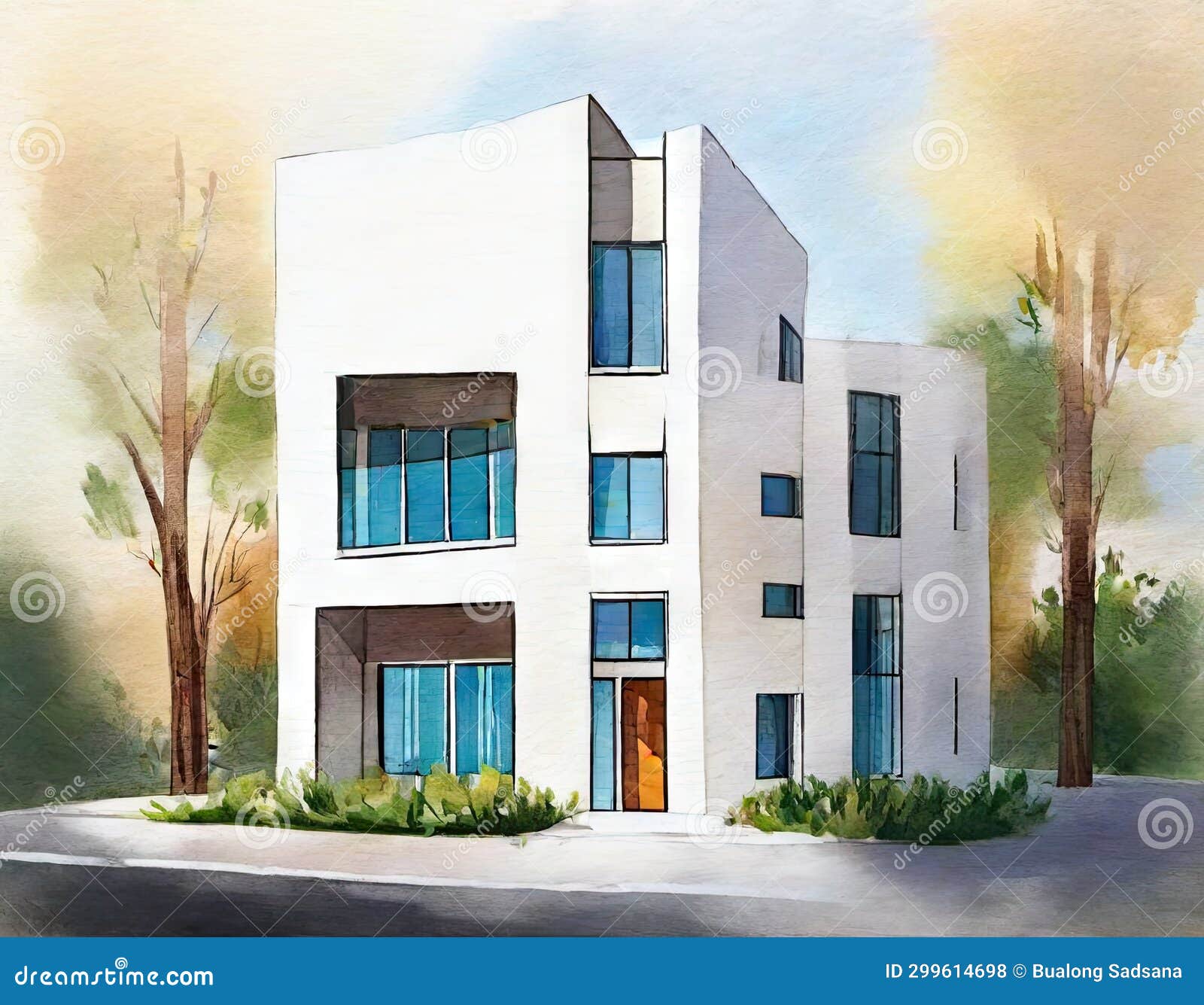 Watercolor of Render of a Modern Building Stock Illustration ...