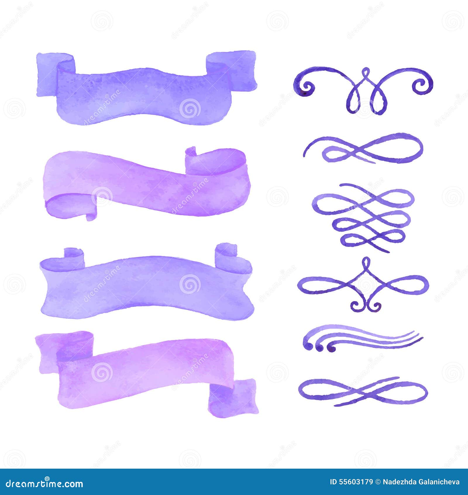 Watercolor Ribbons and Calligraphy Elements Set Stock Vector ...