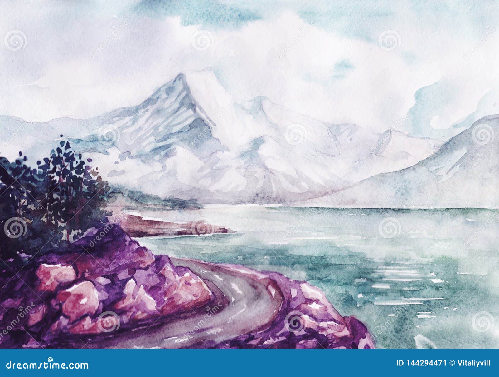 Watercolor River and Mountains Nature Landscape Vector Illustration ...
