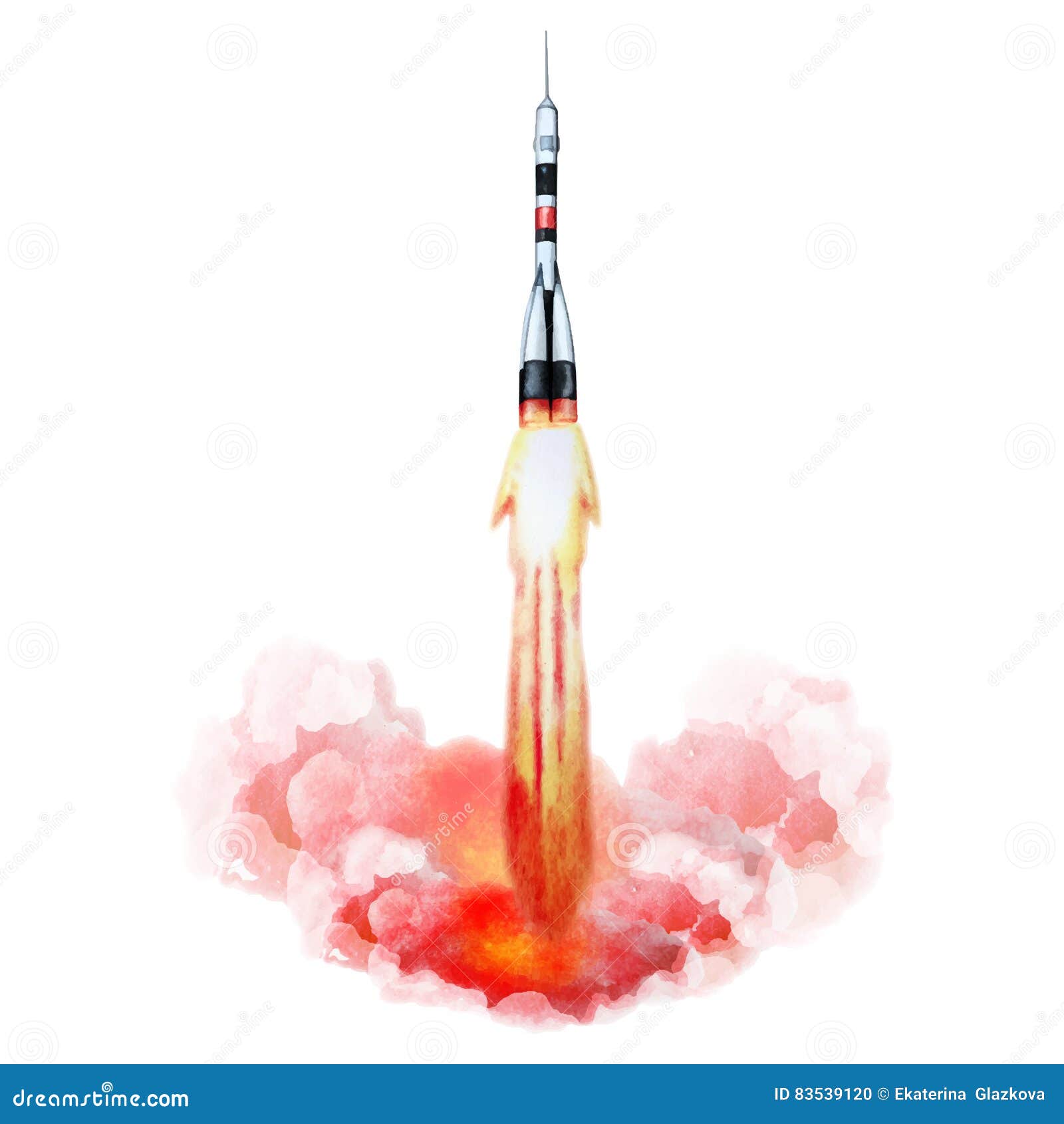 Watercolor rocket launch stock vector. Illustration of cosmos - 83539120