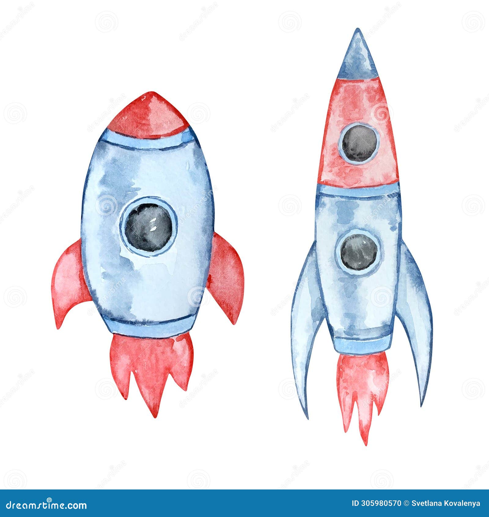 Watercolor Rocket, Spaceship Set, Space Stock Illustration ...