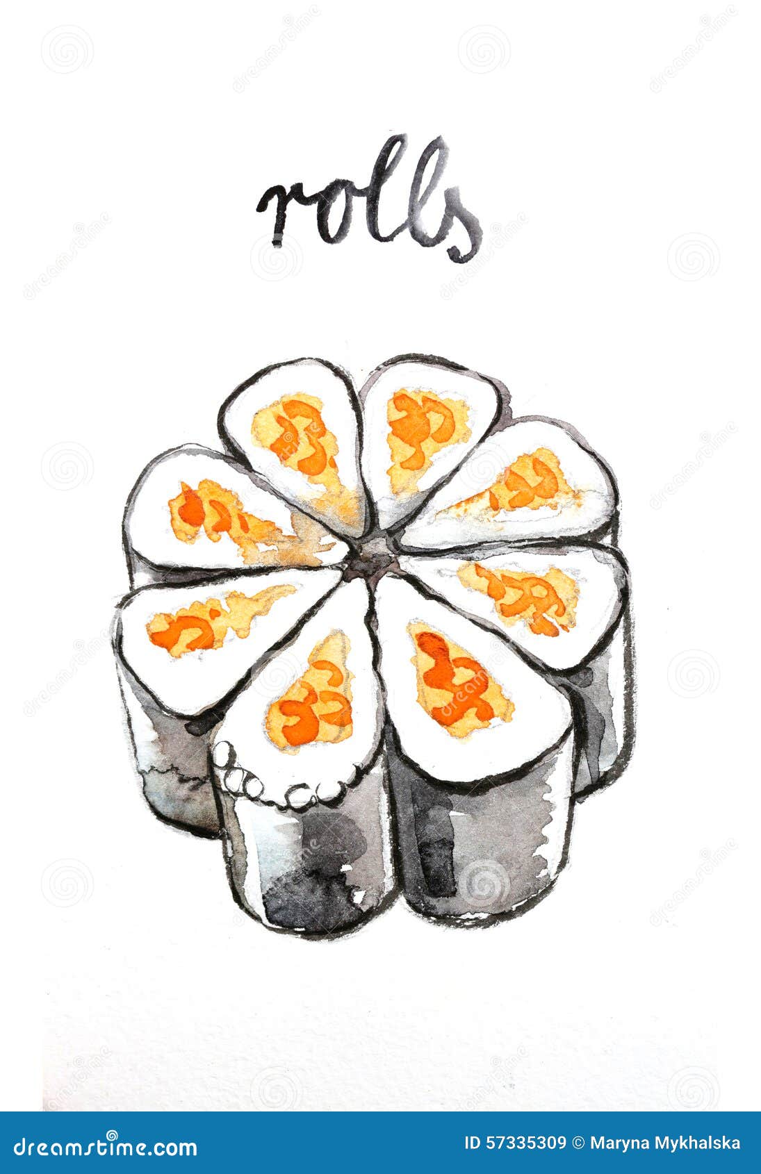 Watercolor rolls stock vector. Illustration of roll, cuisine - 57335309