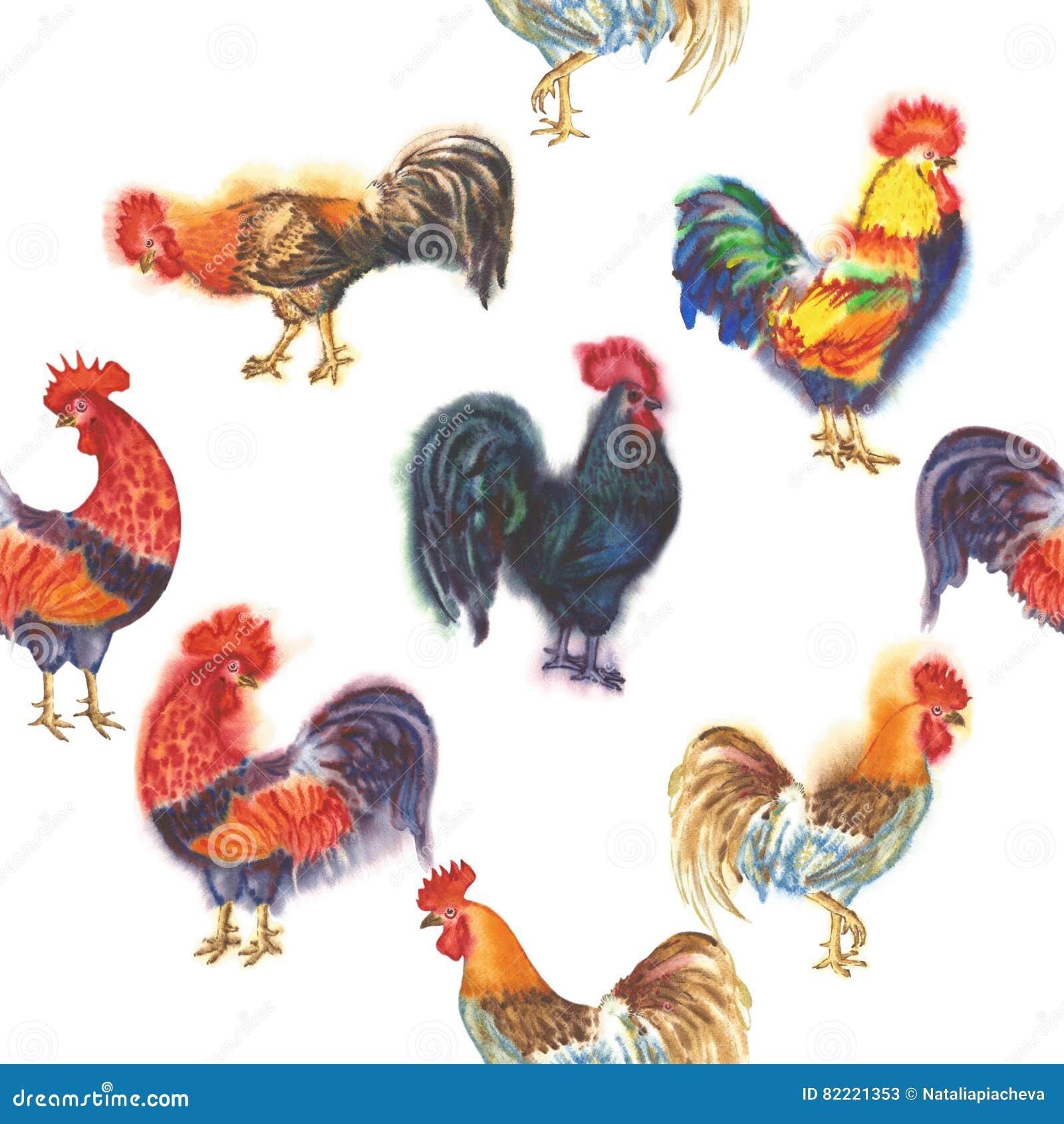 Watercolor Roosters. Hand Drawn Illustration Stock Illustration ...