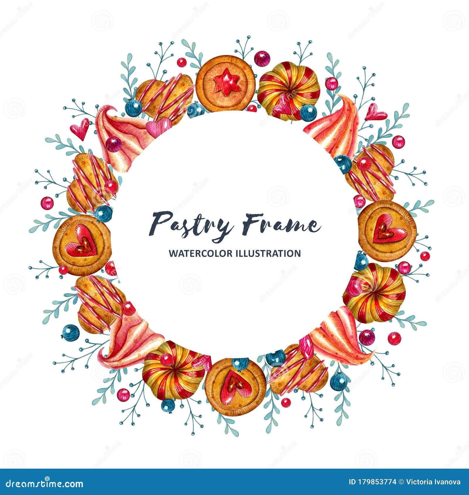 Watercolor Round Frame with Cookies and Decor Elements Stock ...