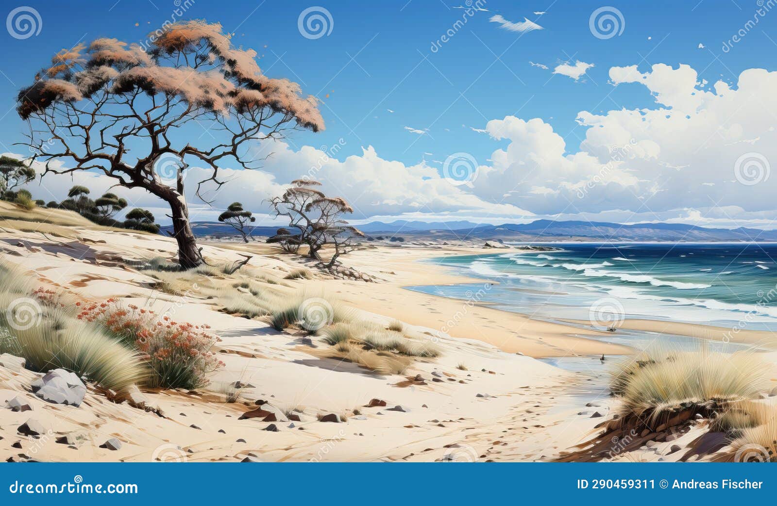 Watercolor, Sandy Seashore on a Sunny Day. Stock Image - Image of ...