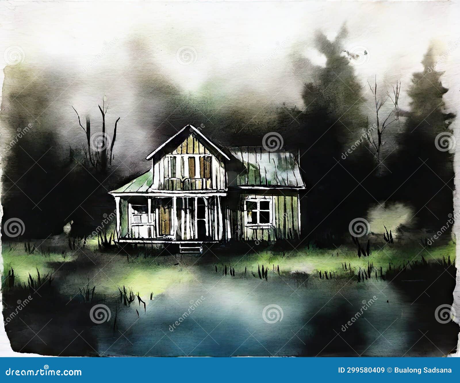 Watercolor of of Scary House on Swamp Stock Illustration - Illustration ...