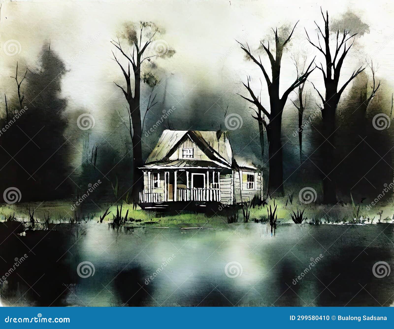 Watercolor of of Scary House on Swamp Stock Illustration - Illustration ...