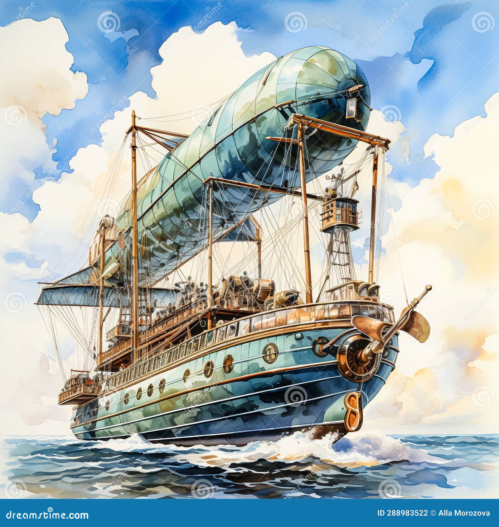 Watercolor Scene Dirigible Floating in the Sky, Surrounded by Clouds ...