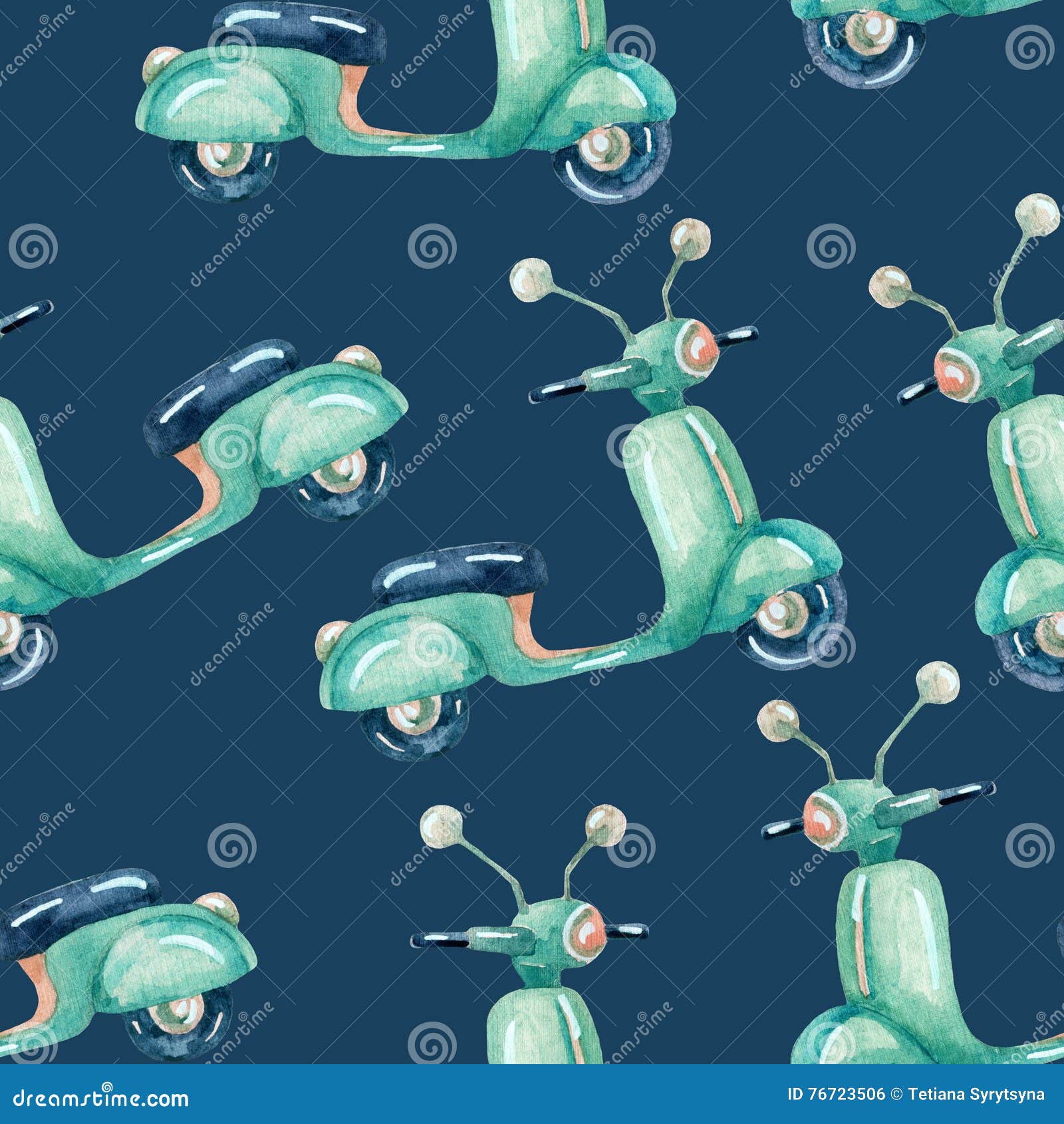 Watercolor Scooter Seamless Pattern Stock Illustration - Illustration ...