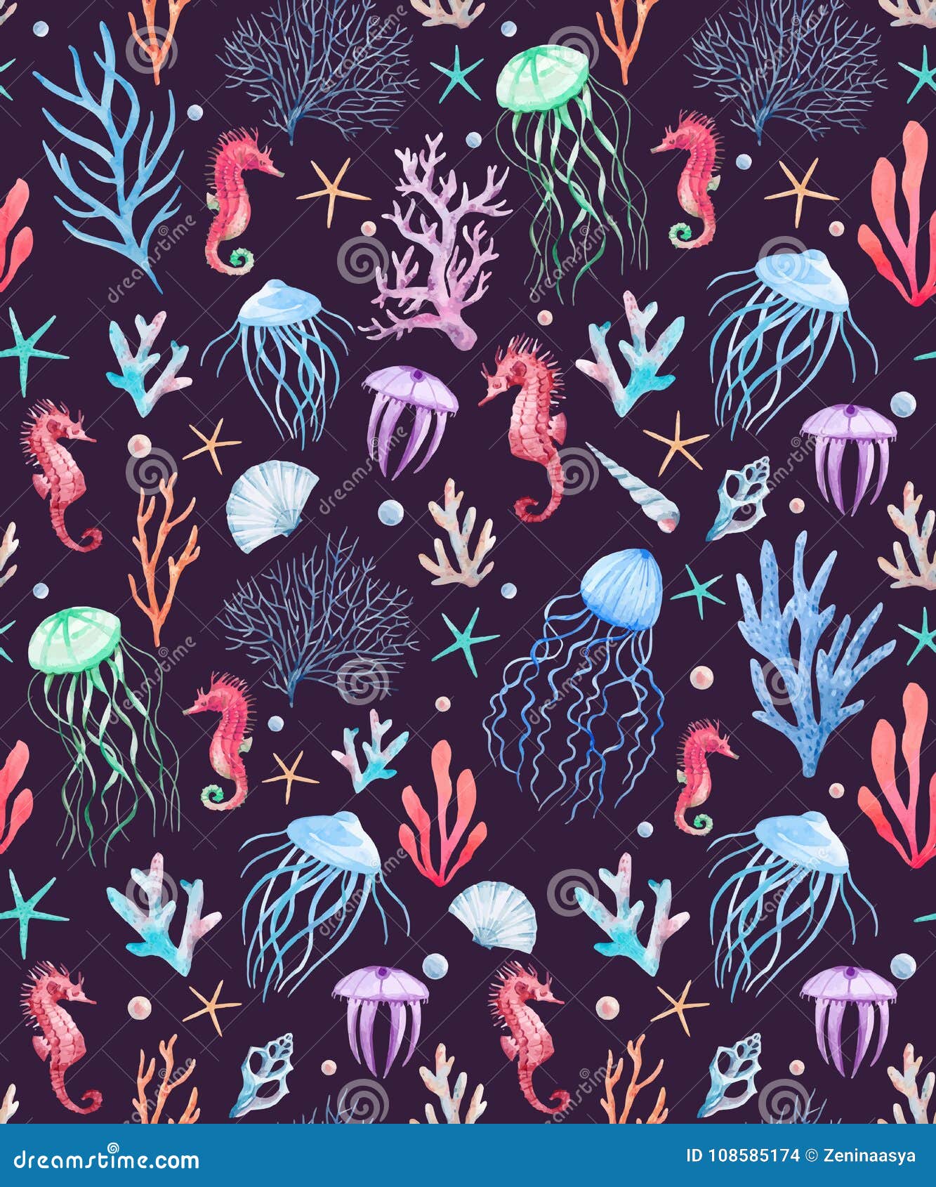 Watercolor Sea Life Vector Pattern Stock Vector - Illustration of ...