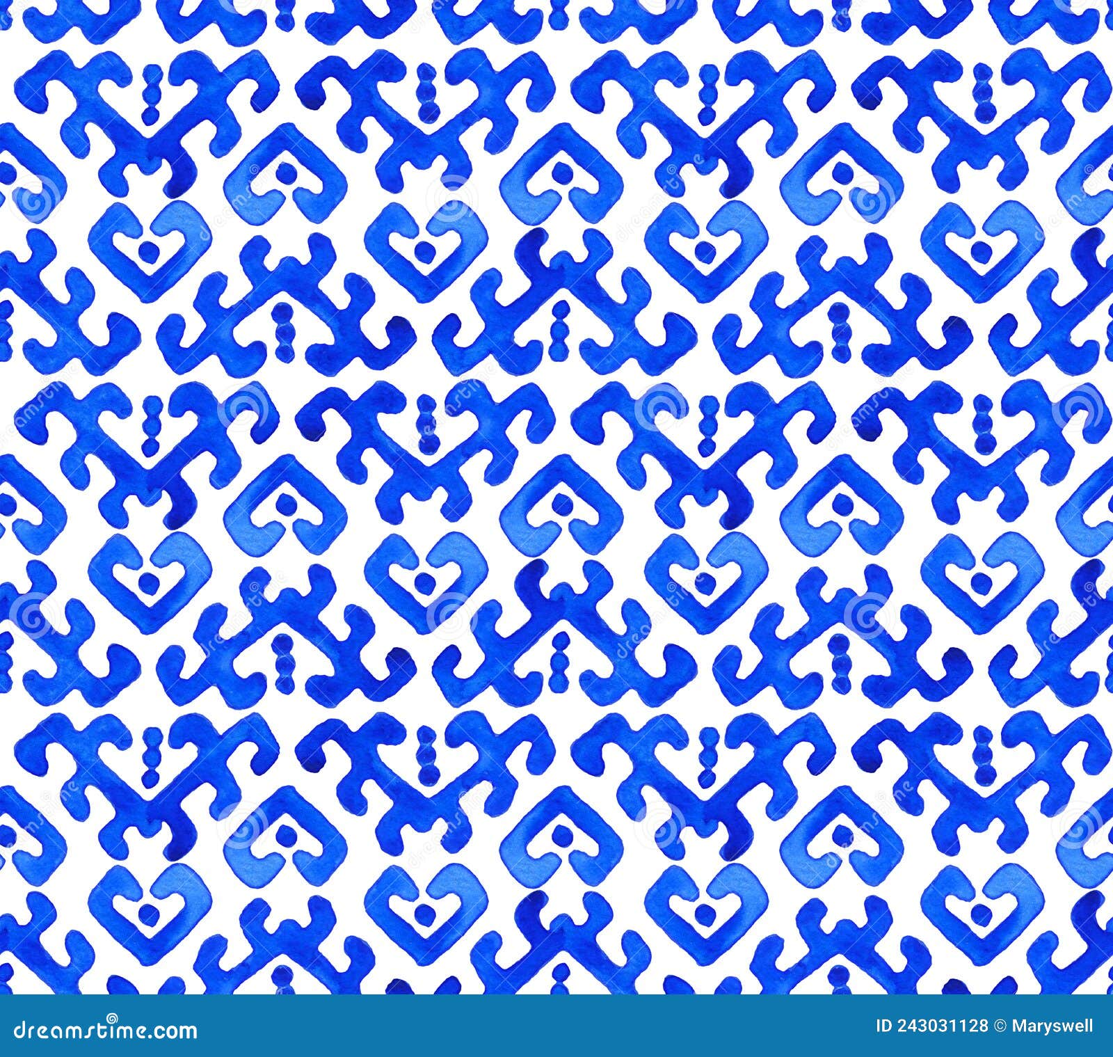 Watercolor Seamless Blue Ethnic Pattern Stock Illustration ...