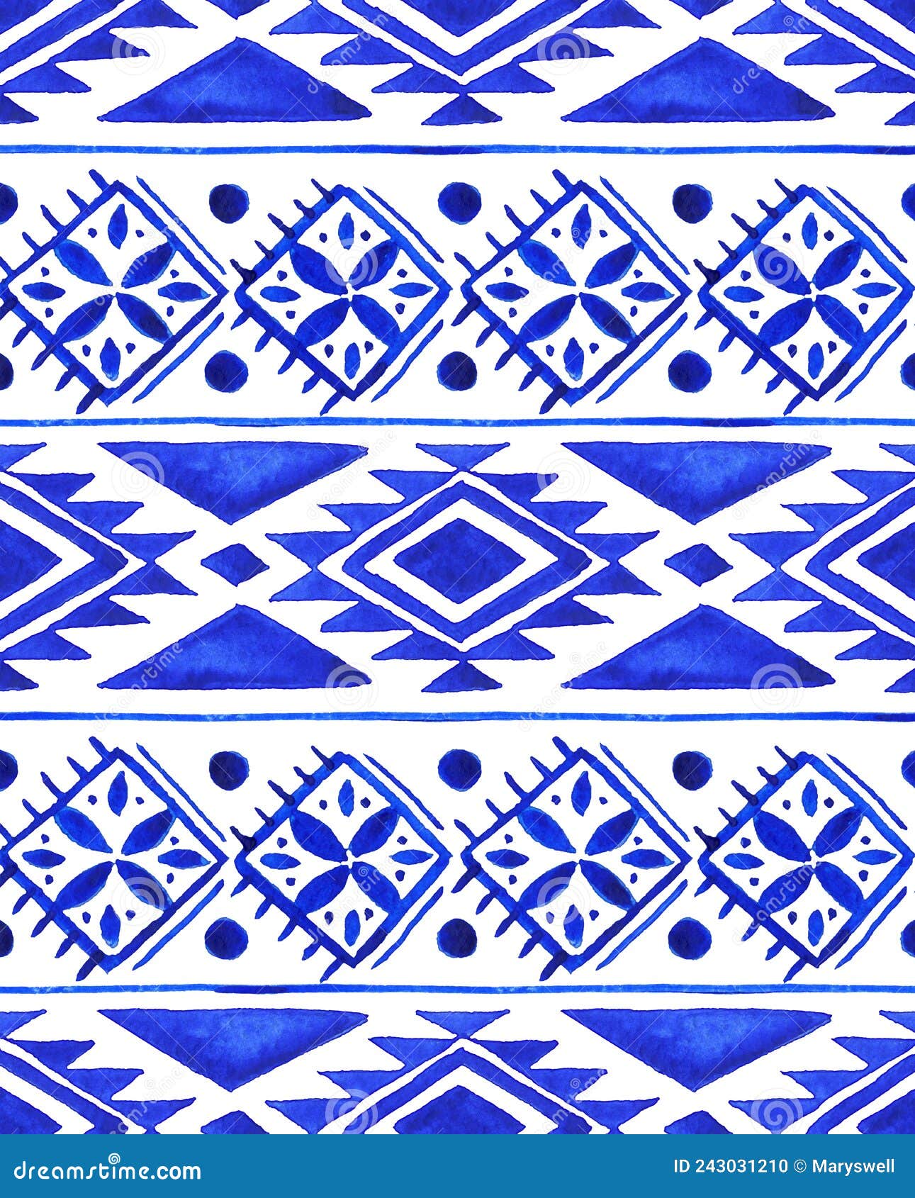 Watercolor Seamless Blue Ethnic Pattern Stock Illustration ...