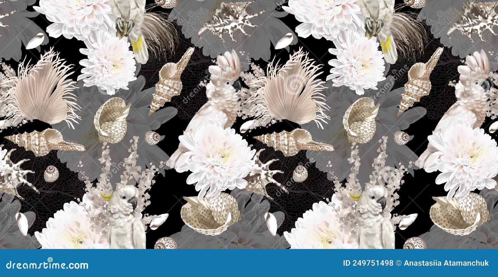 Watercolor Seamless Boho Pattern. Parrots, Flowers and Shells Stock ...