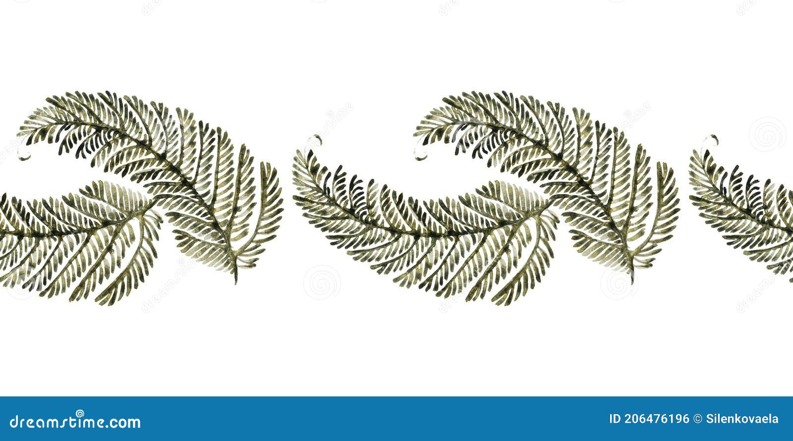 Watercolor Seamless Border with Stylized Fern Leaves Stock Illustration ...