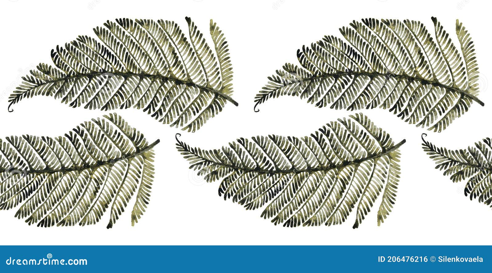 Watercolor Seamless Border with Stylized Fern Leaves Stock Illustration ...