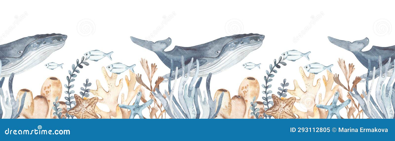 Watercolor Seamless Border With Underwater Creatures, Whale, Fish ...