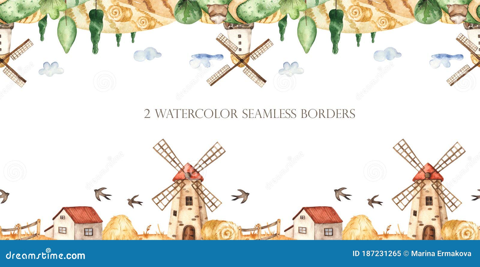 Watercolor Seamless Borders with Mill, Wheat Field, Trees, Haystacks ...