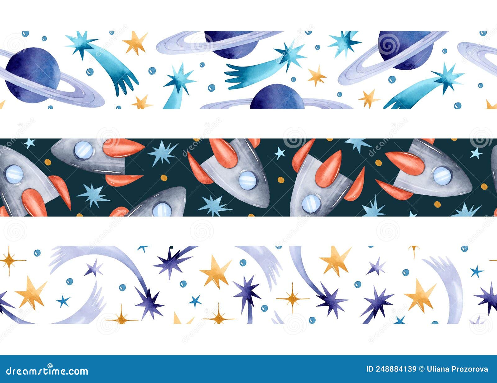 Space Ship, Planets and Stars Elements Watercolor Seamless Borders and ...