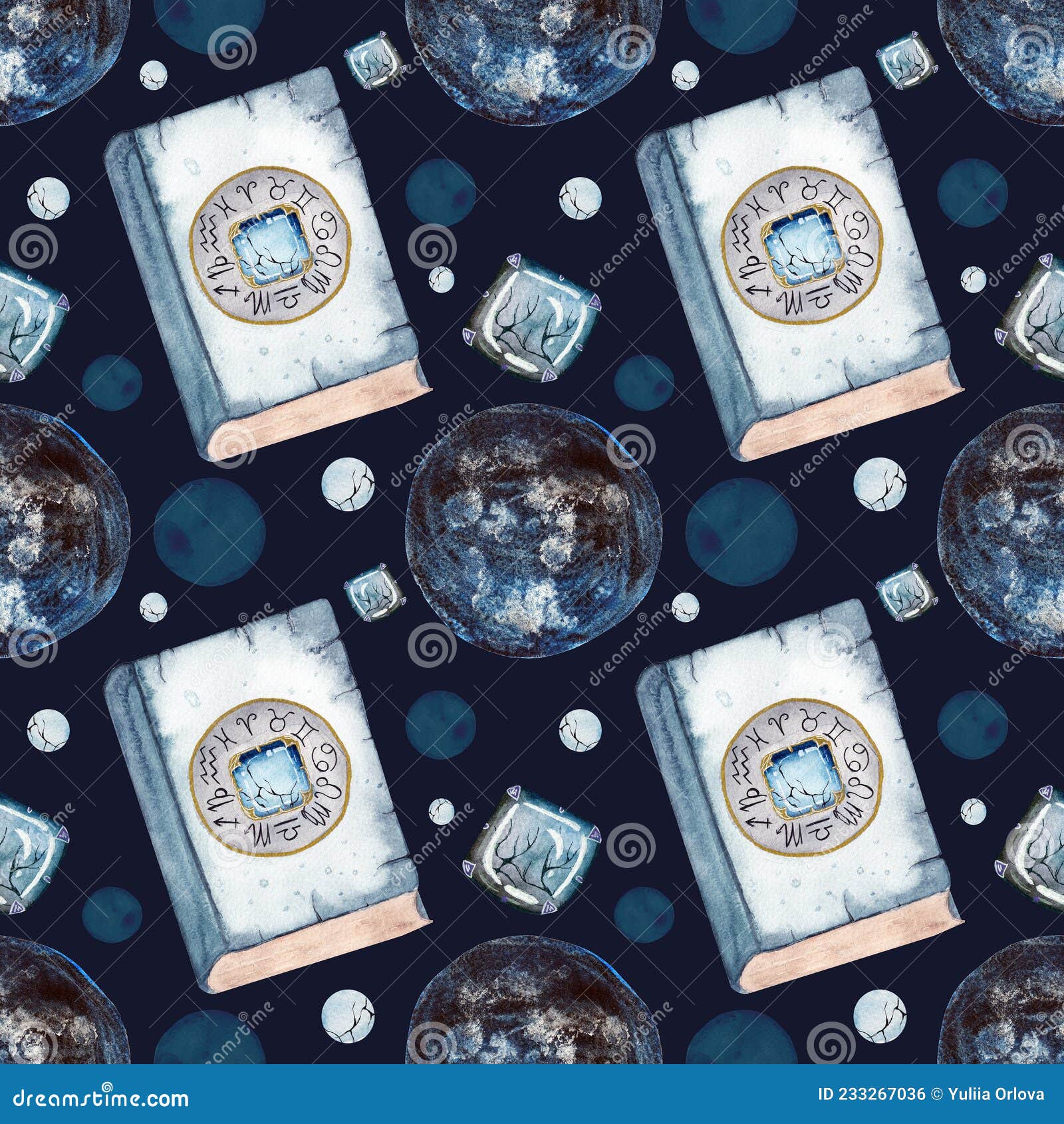 Watercolor Seamless Magic Pattern with Spell Book, Various Gemstones ...