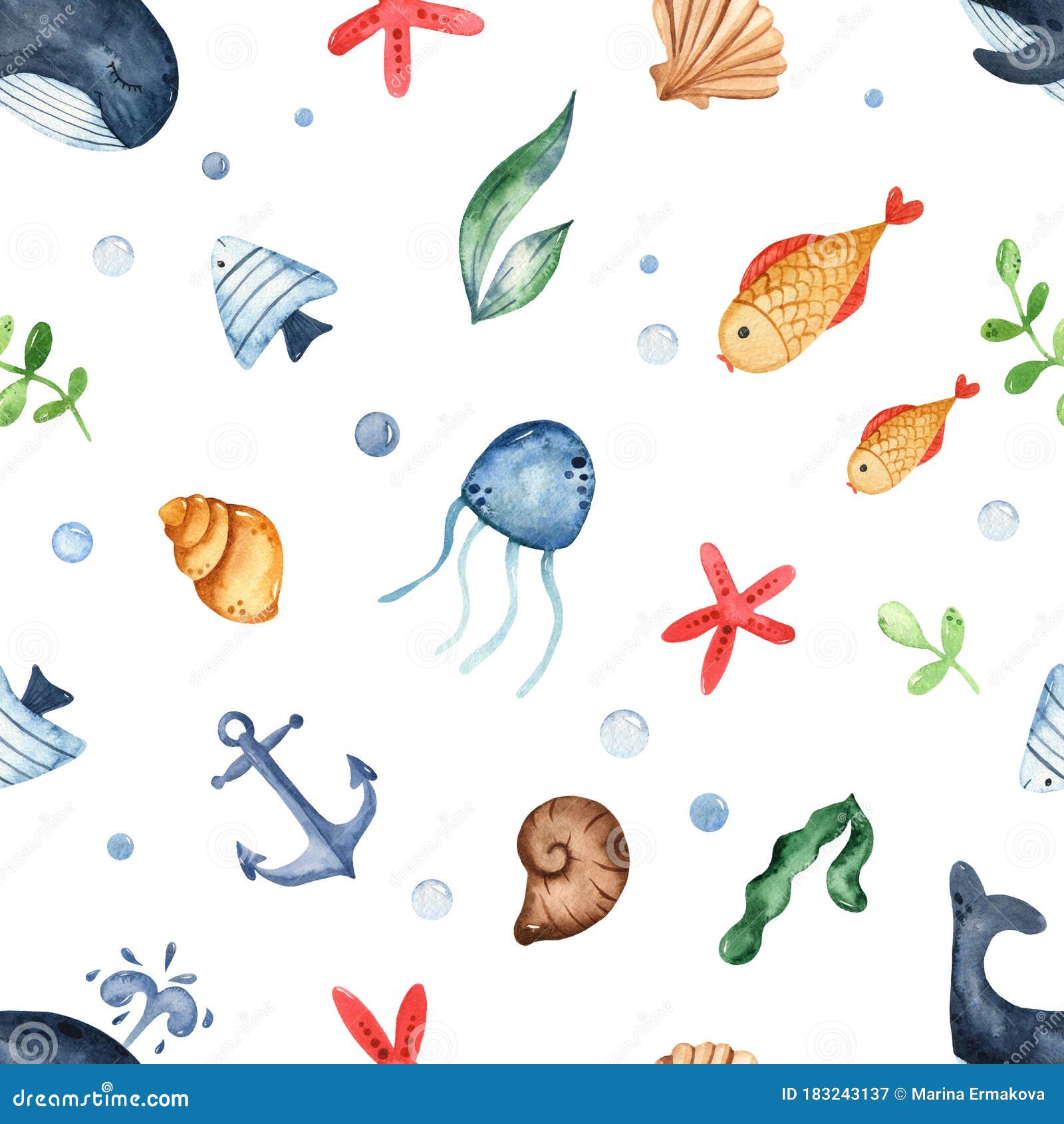 Watercolor Seamless Multidirectional Pattern with Sea Creatures, Whale ...