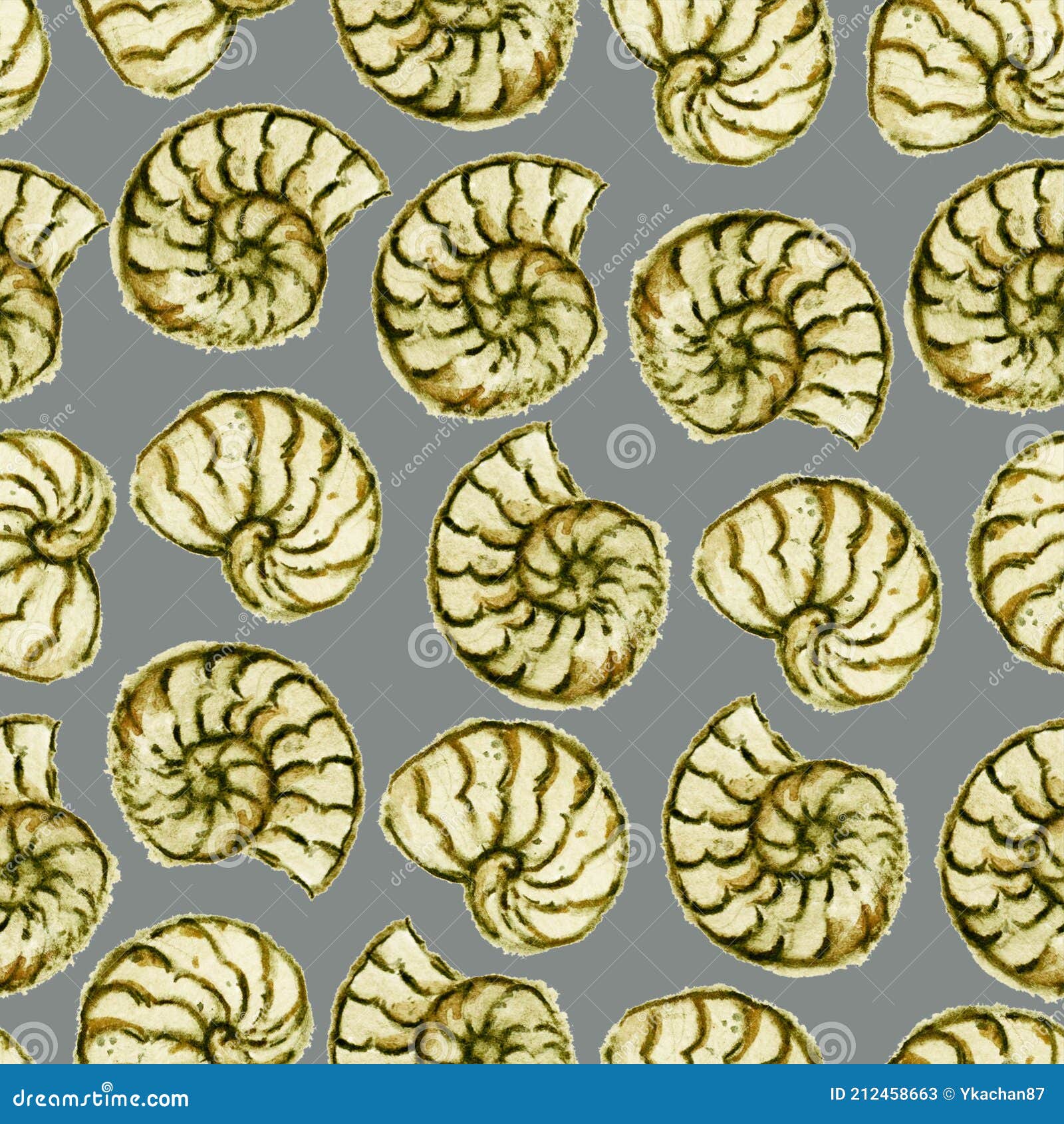 Watercolor Seamless Pattern with Ammonites Fossil Shells. Stock ...