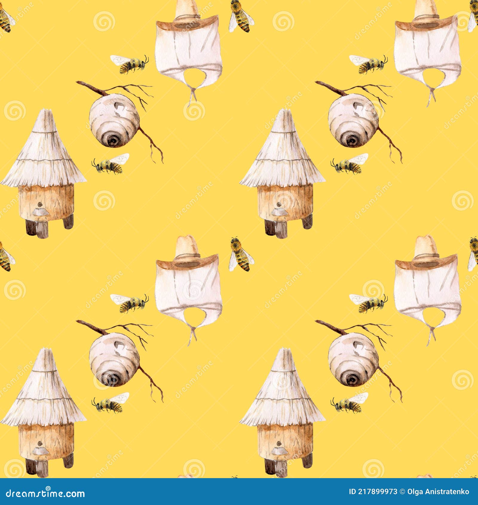 Watercolor Seamless Pattern - Apiary in the Meadow Stock Image - Image ...