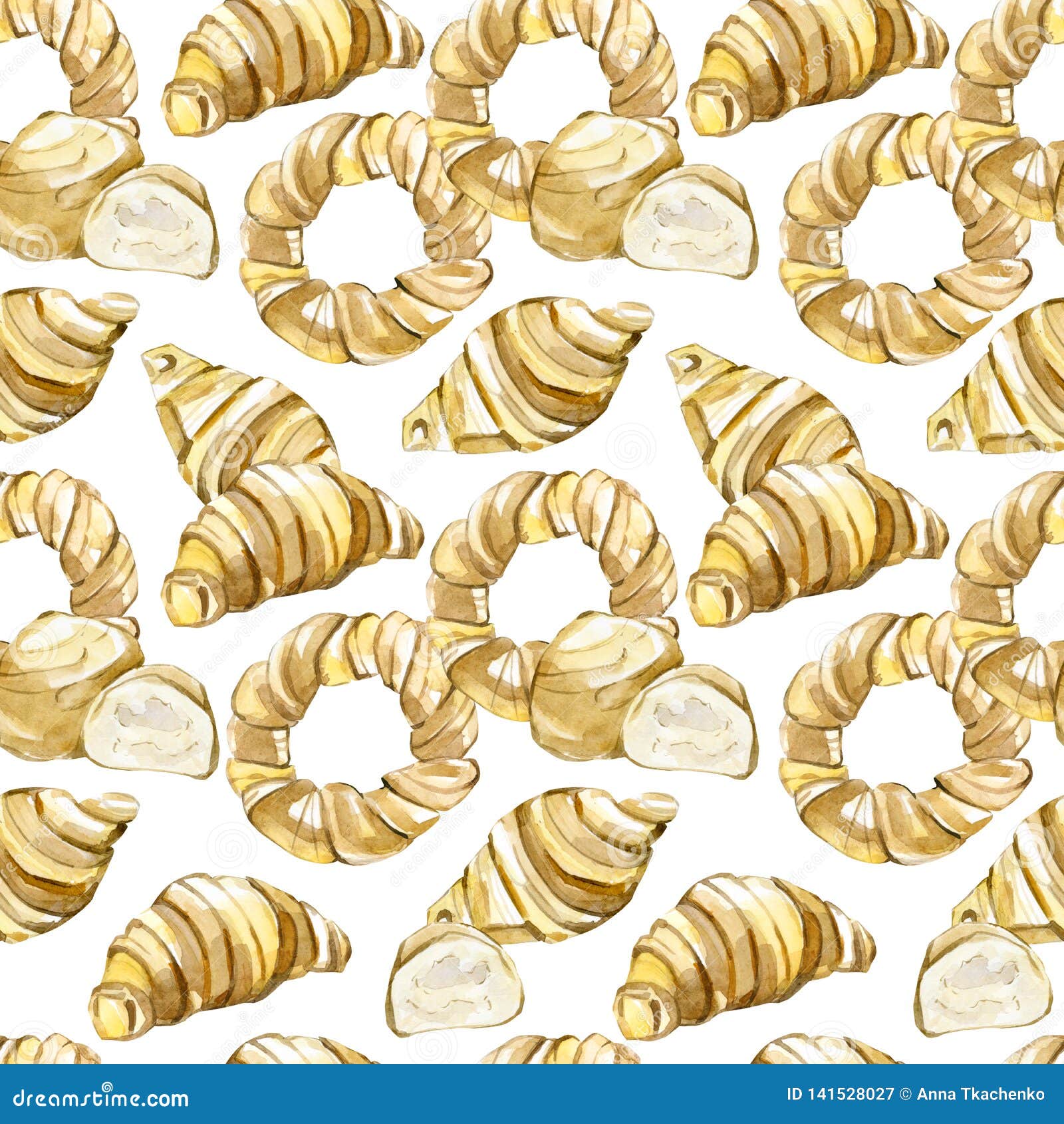 Watercolor Seamless Pattern Baking: Croissants, Bagels, Bread Isolated ...