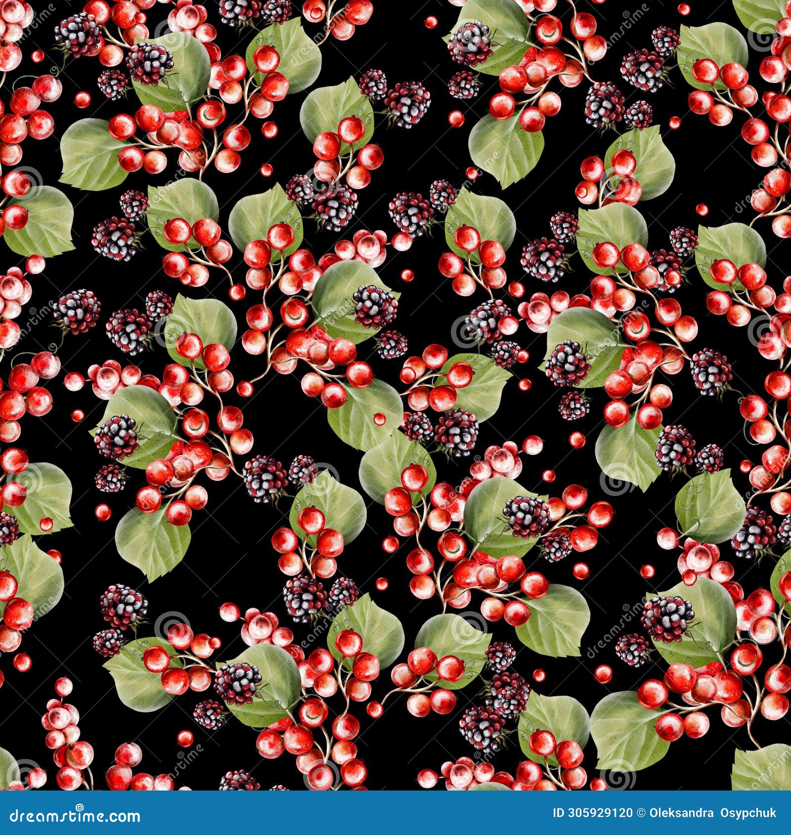 Watercolor Seamless Pattern of Berries and Leaves Stock Illustration ...