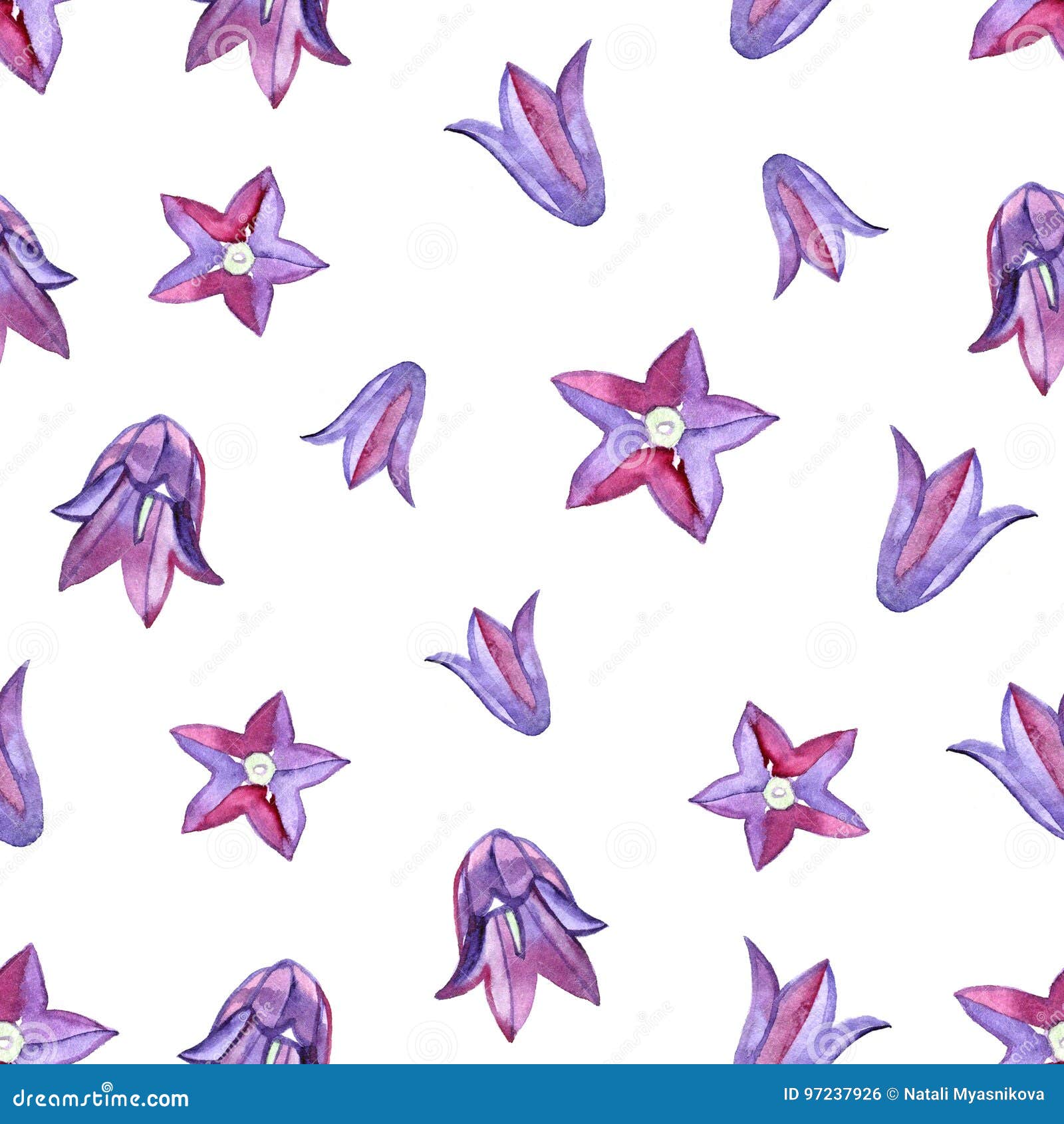 Watercolor Seamless Pattern With Blue Bluebells Flowers Rustic Floral