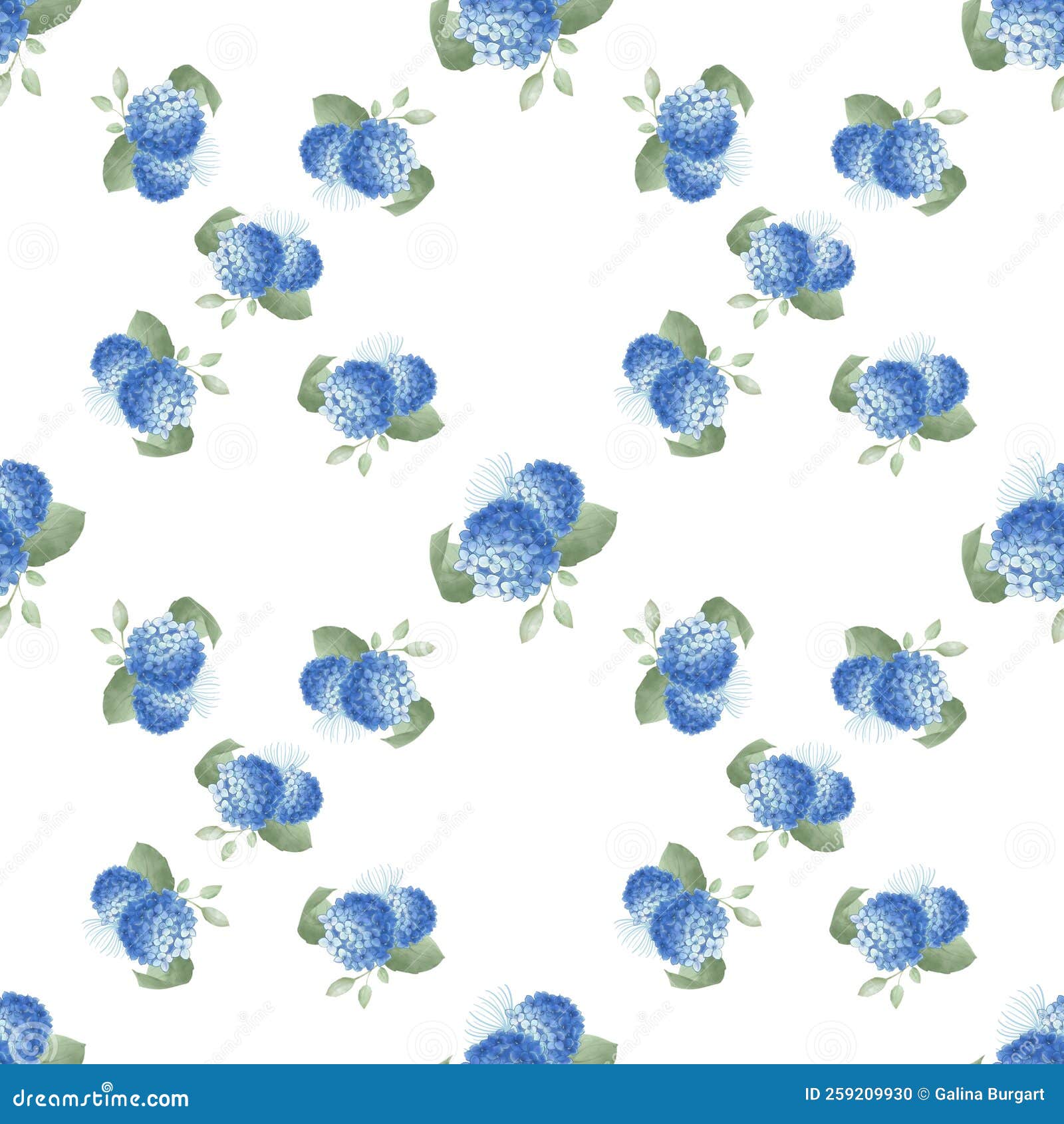 Watercolor Seamless Pattern. Blue Hydrangea with Leaves on White ...